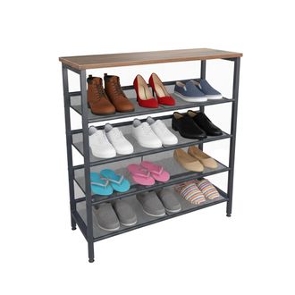 Relaxdays Schuhregal Industrial, 4 Gitterablagen, HBT: 85 x 80 x 30 cm, Schuhst&auml;nder, Ablage in Holzoptik, schwarz/braun