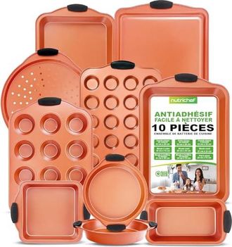 Nutrichef NutriChef, Moules &agrave; P&acirc;tisserie, Set de Moules Antiadh&eacute;sif, Inclus; Plaque &agrave; Biscuits,Plaque &agrave; Pizza,Plat &agrave; R&ocirc;tir,Forme &agrave; G&acirc;teau-Pain-Muffin, Plateau C