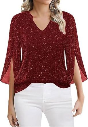 Generic Chemisier du Nouvel An pour femme - Haut festif &agrave; manches trompettes - Col en V - Tunique ample - Pour les loisirs, les f&ecirc;tes, les festivals, le Nouve