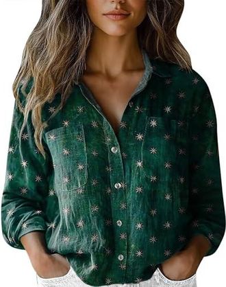 Generico Chemise Femme d&Eacute;t&eacute; &Eacute;l&eacute;gant &agrave; Manches Longues Chemisier Coton Et Lin Curvy Grande Taille T Shirt Col en V L&eacute;ger Blouse Vintage Fantaisie avec Boutons D