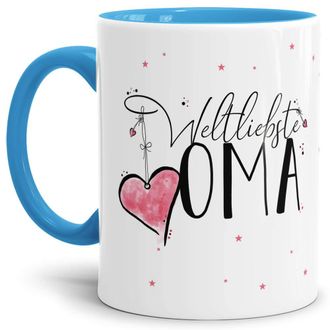 Tassendruck Tasse mit Spruch f&uuml;r die Weltbeste Oma - Kaffeetasse/Familie/Geschenk-Idee/Mug/Cup/Innen & Henkel Hellblau