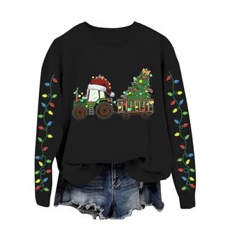 Generic Sweat-shirt de No&euml;l pour femme avec imprim&eacute; sapin de No&euml;l et col rond - Cardigan tendance &agrave; manches longues, Noir, XXL
