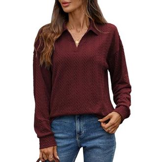 Generic Femmes Printemps Automne Revers Pull Sweatshirt Col V Sport T-Shirt Respirant Pulls Mode Polo Shirts Casual Loose Top, Rouge-a, XXL