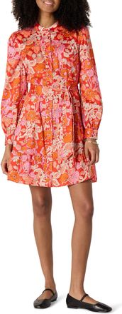 Amazon Essentials Damen Gestuftes Regular-Fit-Hemdblusenkleid aus Baumwollsatin, Kräftiges Mohnrot Zartrosa Mehrfarbig Folk-Blumenmuster, XXL