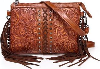 Generic Sac à bandoulière à franges pour femme, sac à main en cuir vintage, style bohémien, marron foncé