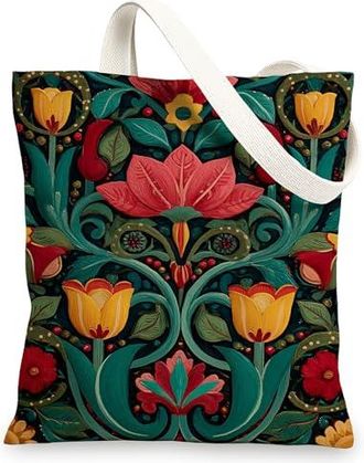 Generic Sacs fourre-tout en toile florale, design botanique coloré, sacs à provisions réutilisables, vintage artistique, léger, lavable, coloré, 13x15 Inch