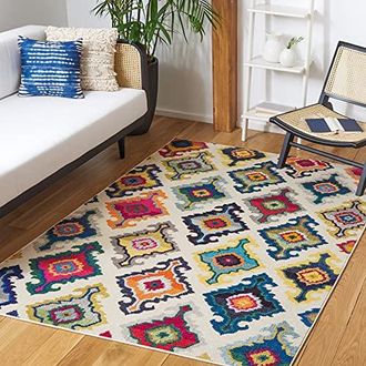 Safavieh Boho Teppich für Wohnzimmer, Esszimmer, Schlafzimmer - Monaco Collection, Kurzer Flor, Elfenbein und Multi, 201 X 279 cm