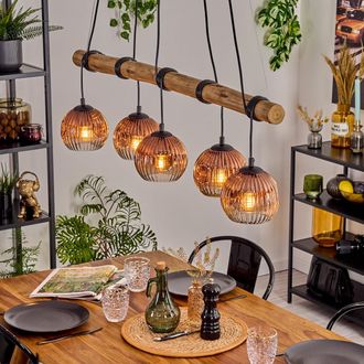 HOFSTEIN Pendelleuchte Ripoll, 5-flammige H&auml;ngelampe aus Metall/Holz/Riffelglas in Schwarz/Natur/Kupfer/Klar, H&auml;ngeleuchte Retro/Boho mit Holzbalken, 150 cm, E