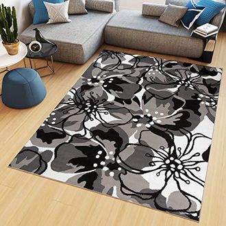 Tapiso Maya Tapis Poil Court Moderne Gris Noir Blanc Motif Floral Tapis Salon Chambre Salle &agrave; Manger Adulte Bureau Oeko-TEX R&eacute;sistant 160 x 220 cm