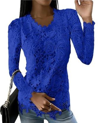 Generic T-shirt en dentelle &agrave; manches longues pour femme - &Eacute;l&eacute;gant - Manches longues - Broderie - Haut en dentelle avec fleurs - Tunique de vacances - D&eacute;contr