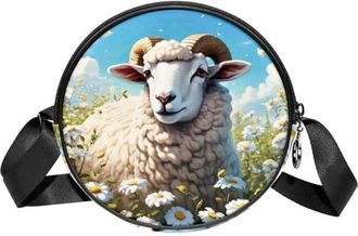 Generic Sac &agrave; bandouli&egrave;re rond pour femme, motif fleur de mouton, petit sac &agrave; bandouli&egrave;re avec fermeture &eacute;clair, bretelles r&eacute;glables, sac &agrave; main rond d&eacute;contra