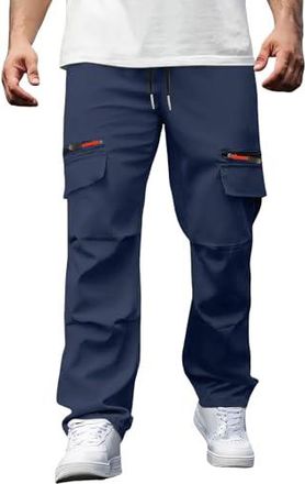 Generic Pantalon cargo ample et multi-poches pour homme - Couleur unie, bleu marine, XXL