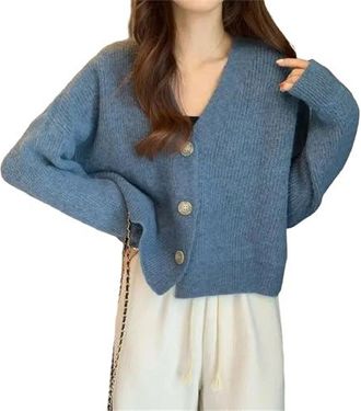 Generic Cardigan cor&eacute;en vert &agrave; manches longues et col en V pour femme, bleu, Taille XL