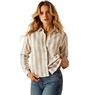 Ariat Womens Rudford Shirt Long Sleeve in Khaki Stripe, Size X-Large, by Ariat