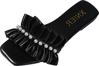 Generic Sandales plates en cuir &agrave; bout carr&eacute; pour femme - Sandales pliss&eacute;es avec perles - Sandales tendance - Sandales de plage confortables - Chaussures de m