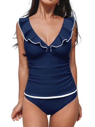Cupshe Damen Gro&szlig;e Gr&ouml;&szlig;en Tankini Set V Ausschnitt Volants Bauchweg Raffung Kontrastpaspeln Mid Waist Tankini Zweiteiliger Badeanzug Plus Size Curvy Bademode