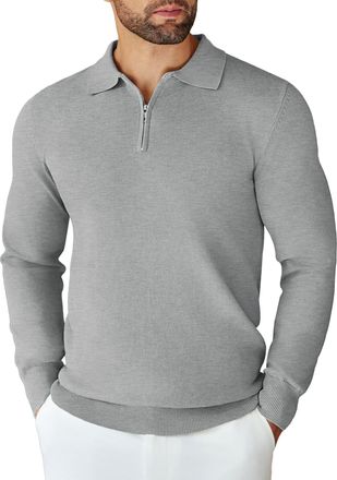 Coofandy Herren Polo Pullover Half Zip Strickpullover Reißverschluss Männer Sweatshirt Basic Arbeitspullover Gestrick Pulli Hellgrau 3XL