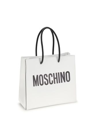 Moschino Logo-Print Calf Leather Tote Bag - White