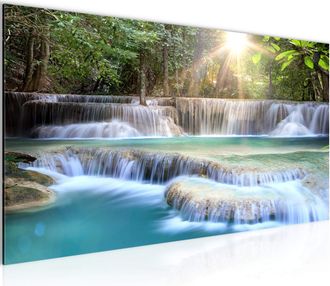 Runa Art Wandbild Wasserfall Landschaft 1 Teilig 100 x 40 cm Modern Bild auf Vlies Leinwand Natur Schlafzimmer Wohnzimmer Grün Blau 612112a