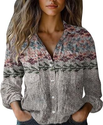 Generico Chemise Femme Curvy Manches Longues Chemises en Lin Coton D&eacute;contract&eacute; grande taille Blouse Col en V Classique Chemisier Vintage Fantaisie avec Boutons