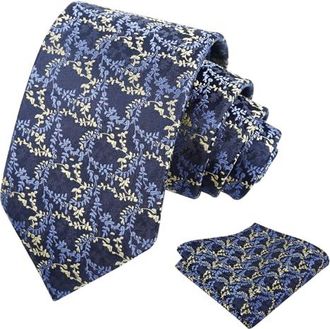 Alizeal Cravate florale pour homme avec mouchoir de poche 8 cm, 127-bleu marine + jaune, taille unique
