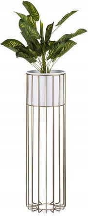 HowHomely Moderne Blumenst&auml;nder Metall 70 cm Hoch mit Wei&szlig; Blumentopf Rund 19 cm &Oslash; auf Robuste Gold St&auml;nder - Pflanzenst&auml;nder zur Dekoration Innenr&auml;umen