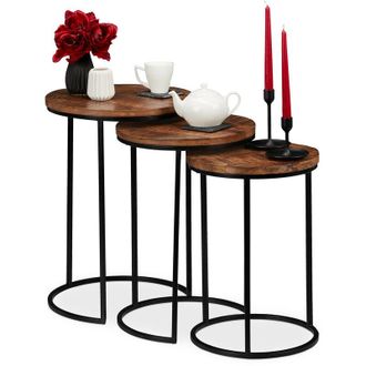 Relaxdays Relaxdays - Table gigogne, jeu de 3, dappoint ronde Bois de mangue, design industriel, m&eacute;tal noir, 3 tailles, couleurs
