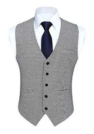 Hisdern Gilet Costume Homme Pied de Poule Classique Gilets Sans Manche Hommes Coton Gilet Mariage Formel Casual Veston Blanc & Noir 3XL
