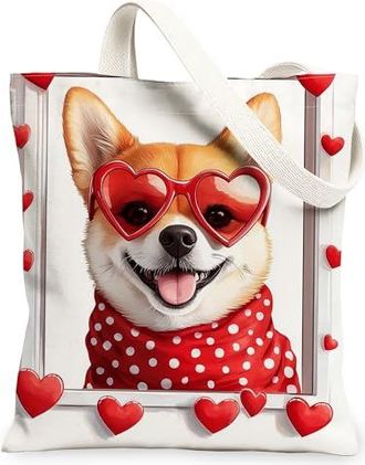 Generic Shiba Inu Sac fourre-tout en toile motif chien pour faire du shopping 33 x 38,1 cm, sac &agrave; bandouli&egrave;re r&eacute;utilisable pour la Saint-Valentin, sac d&eacute;picer
