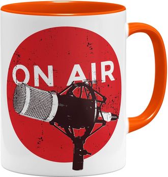 OM3 ON-AIR Microphone Kaffee-Tasse für Streamer Podcast - Keramik Becher - 11oz 325ml - Beidseitig Bedruckt - Orange