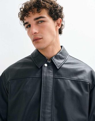 Asos oversized Harrington-Jacke aus echtem Leder in Schwarz