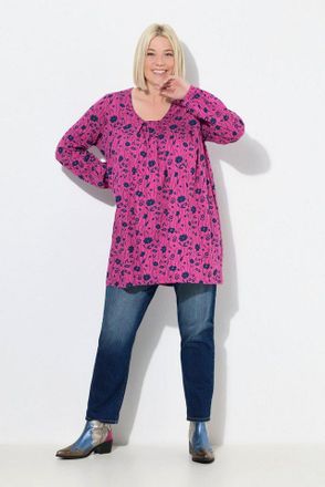 Ulla Popken T-Shirt Shirt Zierfalten A-Linie Carree-Ausschnitt Langarm