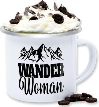 Shirtracer Emaille Tasse Blechtasse - Deko Hobby - Wander Woman - Geschenk für Wanderin - 300 ml - Weiß Silber - berg becher berge tassen wandern kaffeetasse wan
