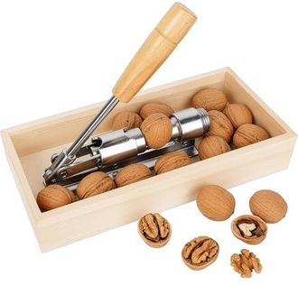Relaxdays Retro Nussknacker Holz, Nuss&ouml;ffner, gr&ouml;&szlig;enverstellbar, kraftsparend, mit Schale, Hebel, Metall, Silber/Natur