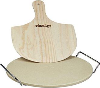 Relaxdays Pizzastein Set 1 cm Stärke mit Metallhalter und Pizzaschieber aus Holz HBT 4 x 32 x 32 cm runder Brotbackstein für Pizza und Flammkuchen mit Pizzascha
