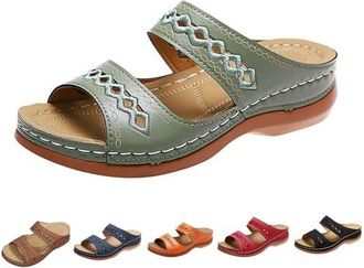 Generic Sandales orthop&eacute;diques pour femme - Pantoufles d&eacute;t&eacute; confortables en cuir - Chaussures plates compens&eacute;es &agrave; bout ouvert - Respirantes - Style floral - P