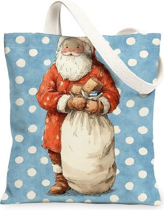 Generic Sac fourre-tout vintage en toile motif &agrave; pois fantaisie, sacs de courses r&eacute;utilisables, l&eacute;gers et lavables avec bandouli&egrave;re, Bleu, 13x15 Inch