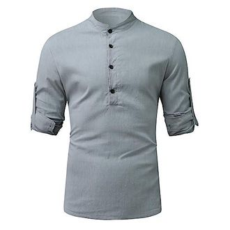 Generic Chemise d&eacute;t&eacute; en coton et lin pour homme - Haut d&eacute;contract&eacute; de couleur unie - Col montant - Chemisier &agrave; manches longues - Haut tendance - Coupe droite,