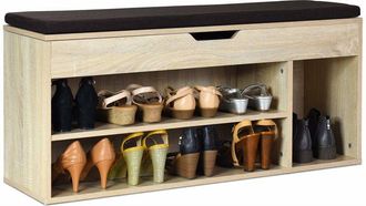 Costway Costway - Schuhbank mit Sitzflaeche, Schuhregal Holz, Schuhkommode Schuhablage Schuhschrank aufklappbar, Sitzbank mit Regal, mit Sitzkissen, braun