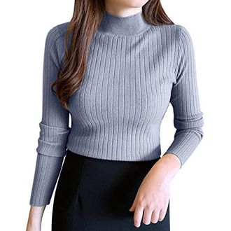 Generic Sous-v&ecirc;tement en tricot pour femme &agrave; manches longues avec col montant - T-shirt en tricot c&ocirc;tel&eacute; &agrave; manches longues uni, col roul&eacute;, sweat-shirt basique