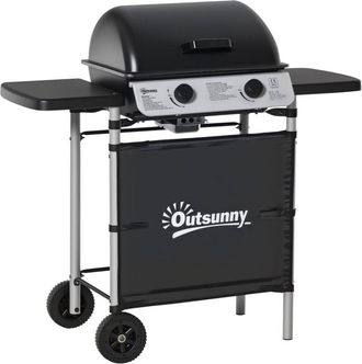 OUTSUNNY Barbecue gaz 2 br&ucirc;leurs 2,8kW avec couvercle - grille, r&eacute;cup&eacute;rateur graisse, 2 tablettes lat&eacute;rales, 2 roues - gris noir