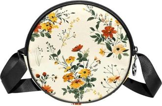 Generic Petit sac &agrave; bandouli&egrave;re circulaire pour femme, motif feuilles florales, sac &agrave; dos avec fermeture &eacute;clair, bretelles r&eacute;glables, sac &agrave; main rond d&eacute;contra
