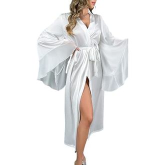 Generic Peignoir Femme Long Col V Manches Volants Satin Patchwork Ceinture Maxi Unie Élégant Loungewear