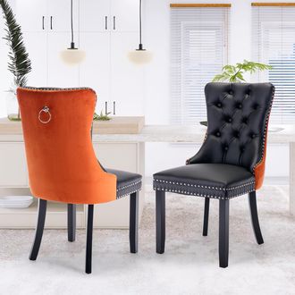 Generic Esszimmerstuhl-Set Aus Leder - Stühle Mit Hoher Rückenlehne, Knopfheftung Und Beinen Aus Massivholz(Leather-Black/Orange,2)
