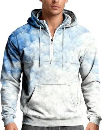 Generic Sweat à capuche pour homme, coupe ample, col zippé, imitation denim, nuage blanc et ciel, cordon de serrage, haut classique décontracté à manches long