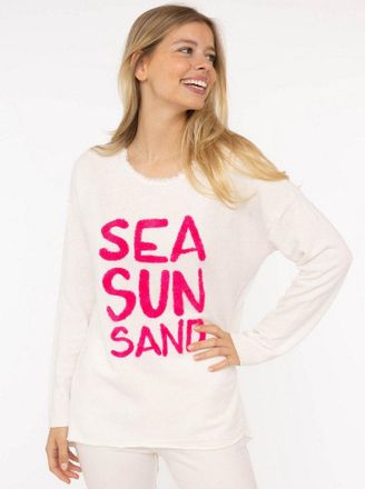 Zwillingsherz Sweater Sea Sand Sun Flock-Print, ausgefranster Rundhalsausschnitt, Langarm