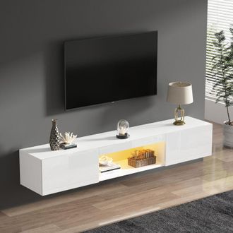 STILVORA Meuble TV Mural avec 2 Portes et 1 Niche et LED, Fa&ccedil;ade Blanc Brillant, pour T&eacute;l&eacute;viseur jusqu&agrave; 70 Pouces, 160&times;31&times;22 cm