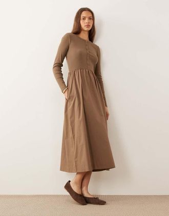 Threadbare Midikleid aus Jersey-Popeline-Mix in Mokkabraun mit durchgekn&ouml;pftem Oberteil-Brown