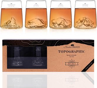 Alaskan Maker Schnapsgl&auml;ser 6,5 cl (4er Set) | Hochwertiges mundgeblasenes Kristallglas mit Bergrelief | Tulpenform | TOPOGRAPHIC (Matterhorn, Eiger, M&ouml;nch & Jungfr
