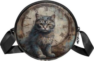 Generic Sac &agrave; bandouli&egrave;re rond pour femme, motif chat vintage, petit sac &agrave; bandouli&egrave;re avec fermeture &eacute;clair, bretelles r&eacute;glables, sac &agrave; main rond d&eacute;contract&eacute;